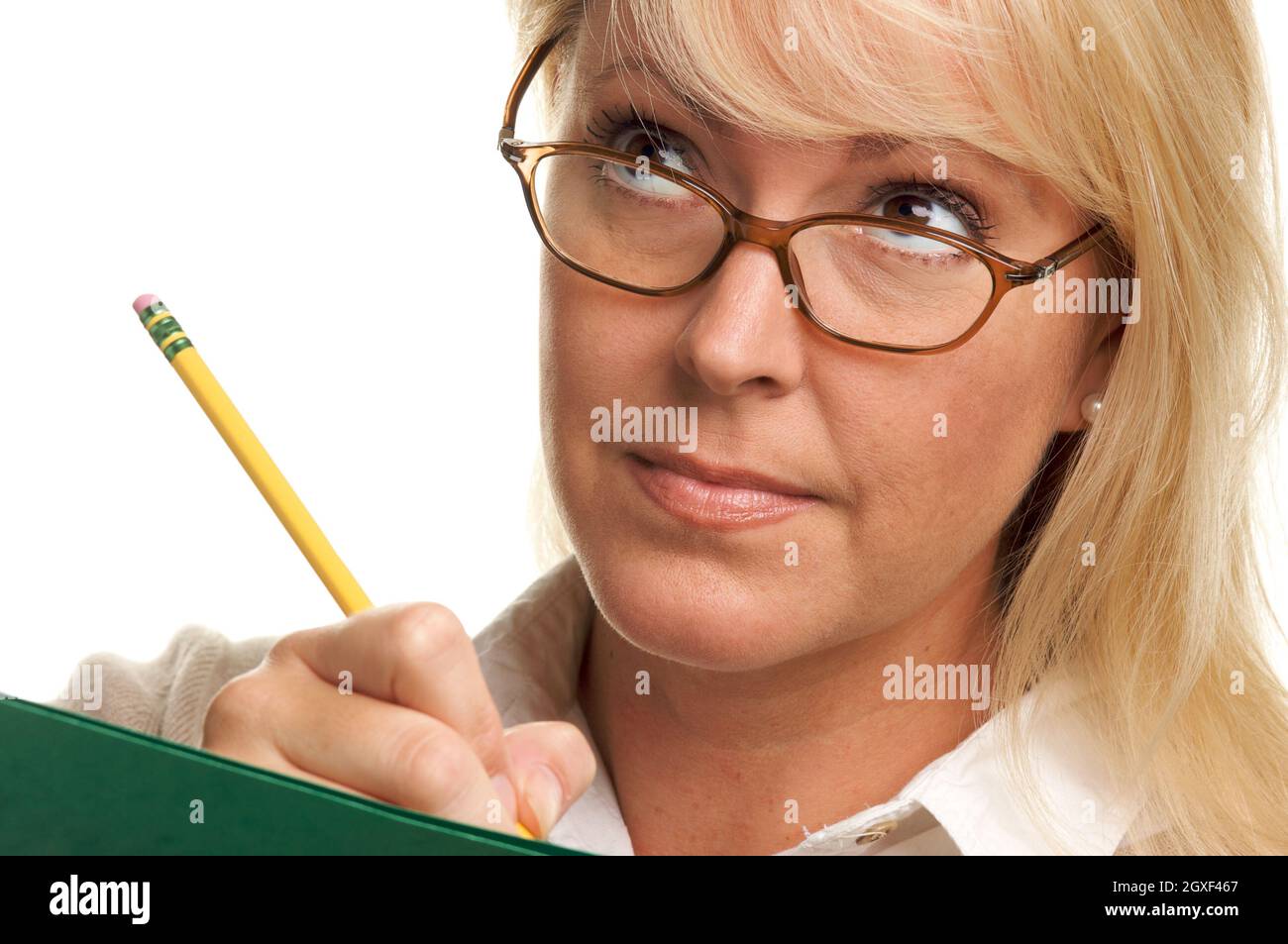 Beautiful Woman with Pencil and Folder taking notes Stock Photo - Alamy