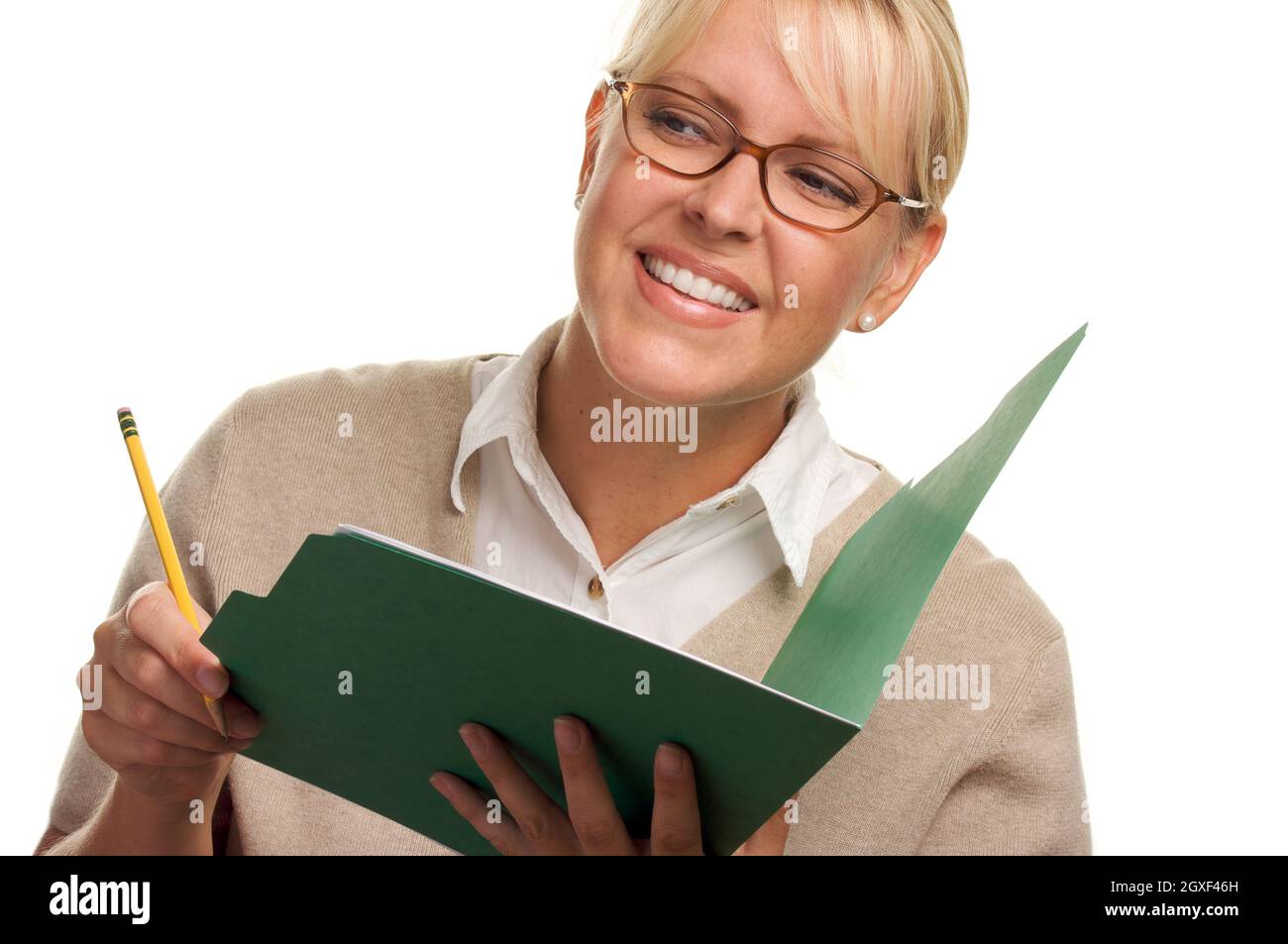 Beautiful Woman with Pencil and Folder taking notes Stock Photo - Alamy