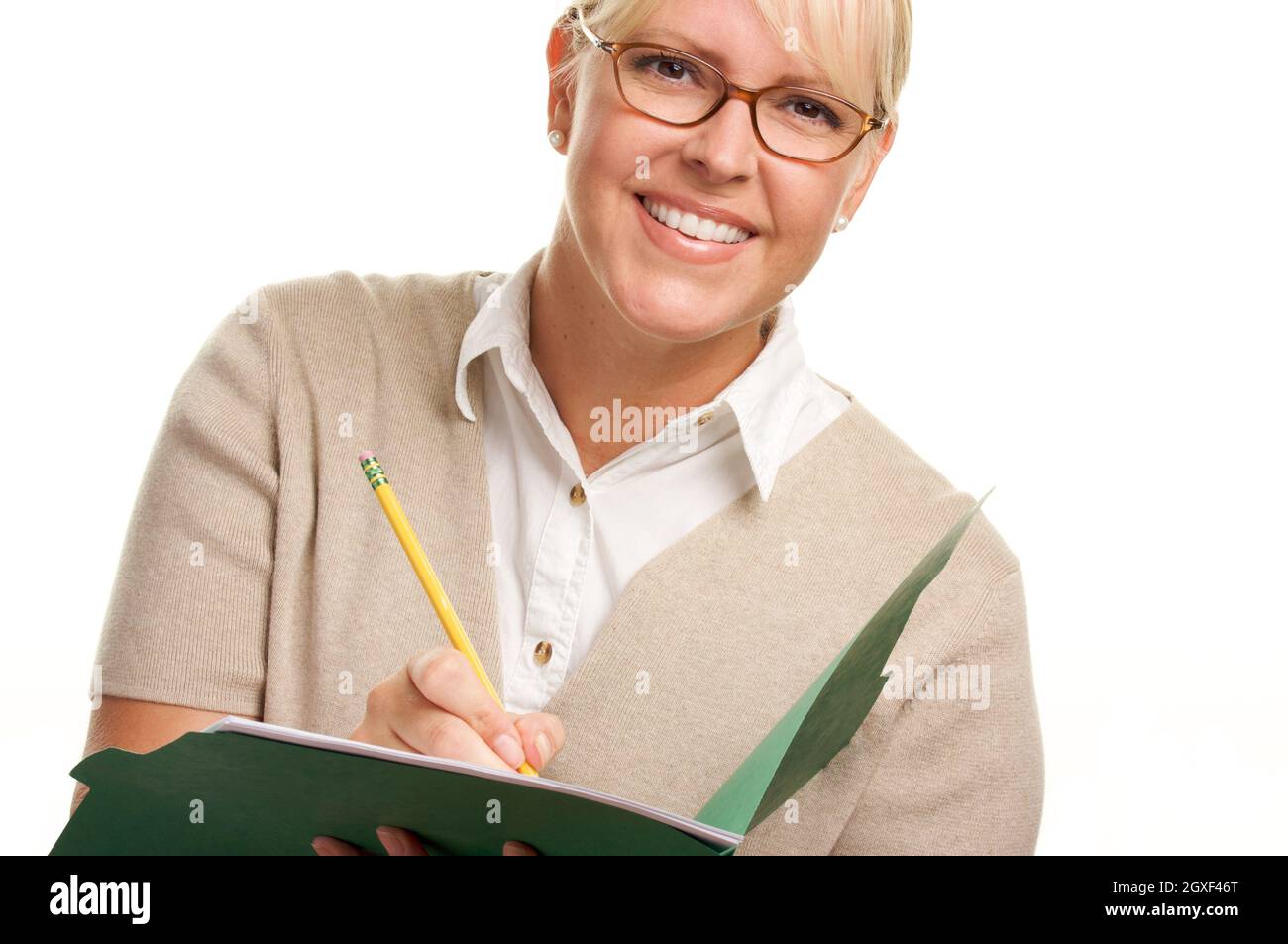 Beautiful Woman with Pencil and Folder taking notes Stock Photo - Alamy