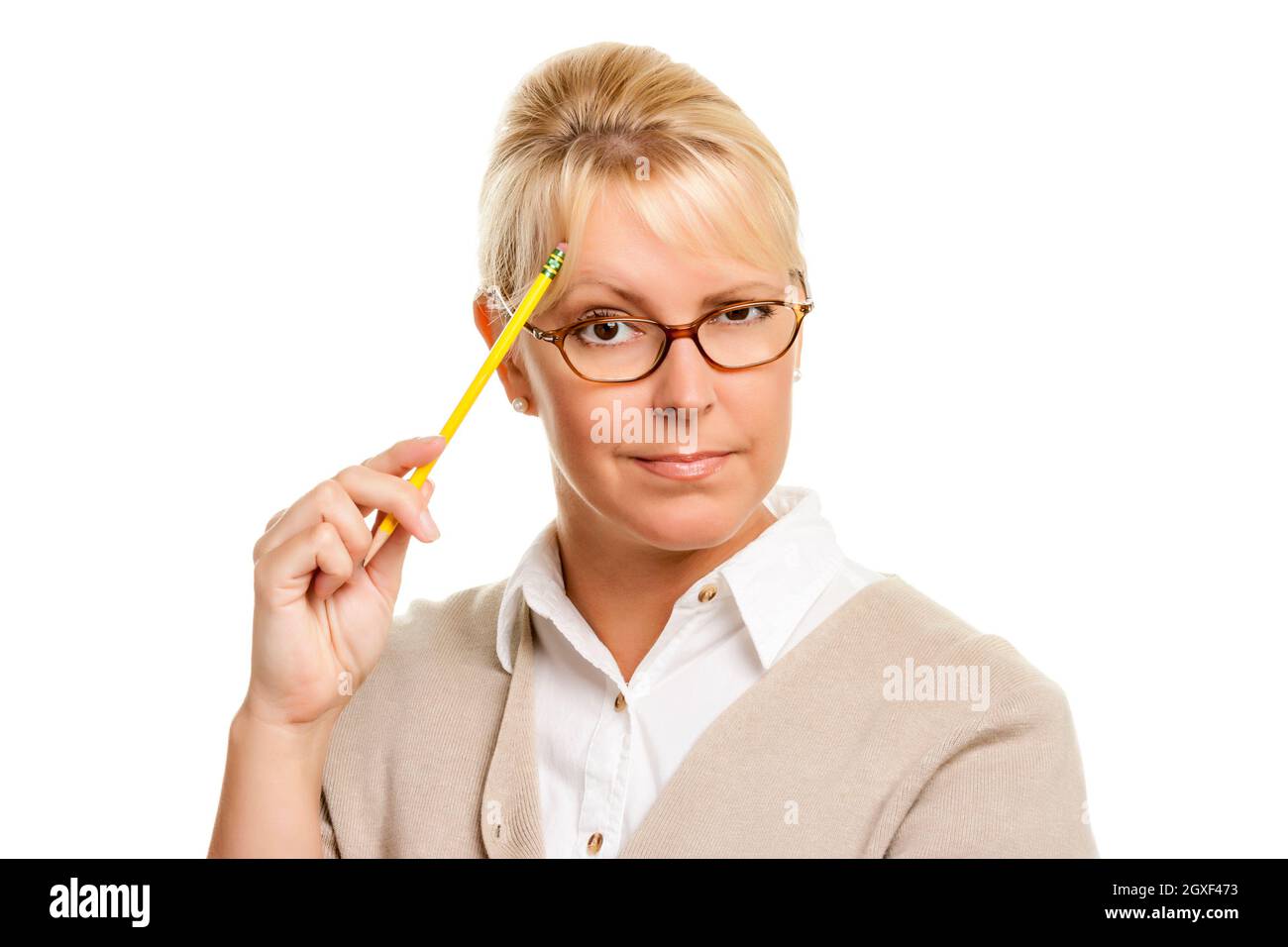 Beautiful Woman with Questioning Expression Holding Pencil Isolated On ...