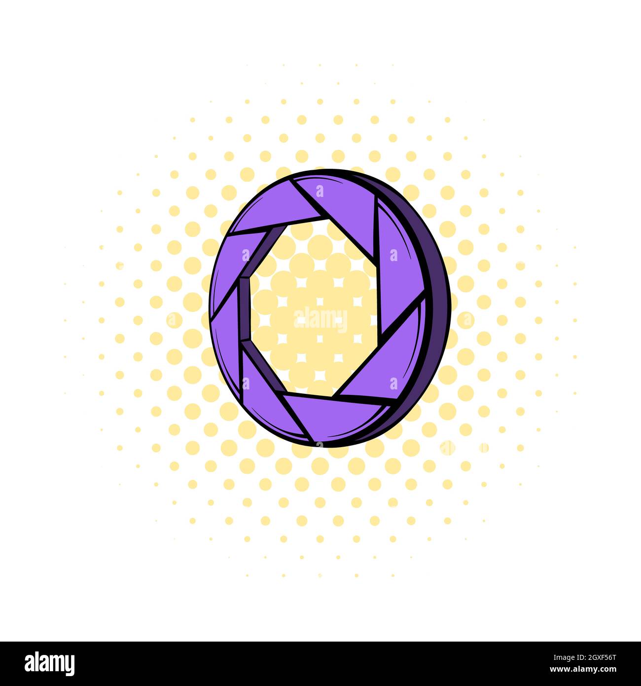 Violet camera aperture icon in comics style on a white background Stock ...