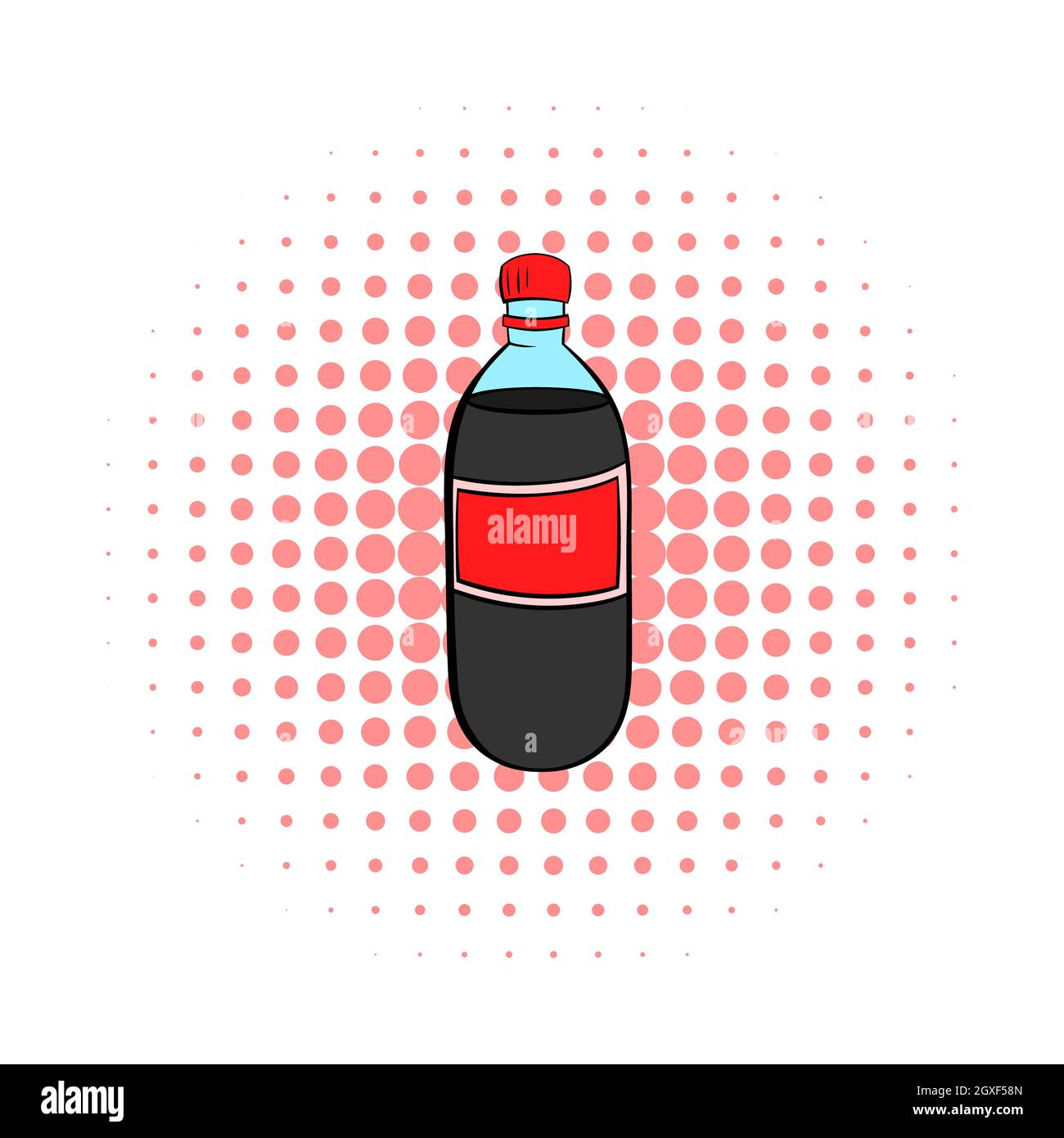 Plastic bottle with a red label icon in comics style on a white ...