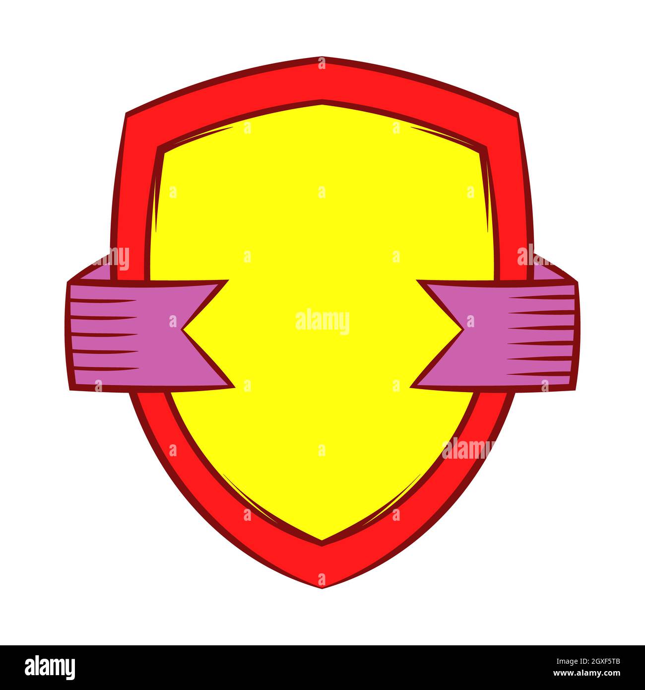 Gold shield with violet ribbon icon in cartoon style on a white ...