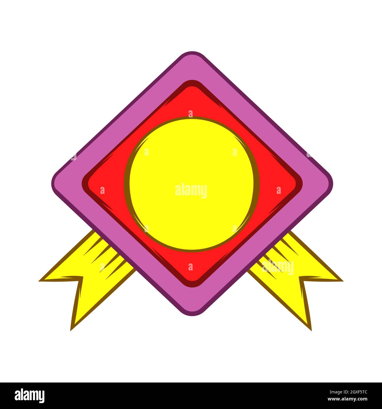 Color badge with yellow ribbons icon in cartoon style on a white ...