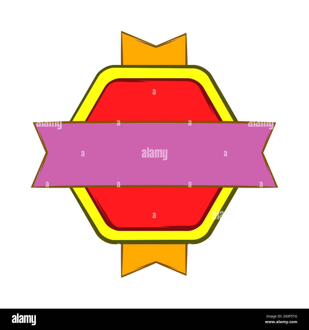 Red badge with yellow and violet ribbons icon in cartoon style on a ...