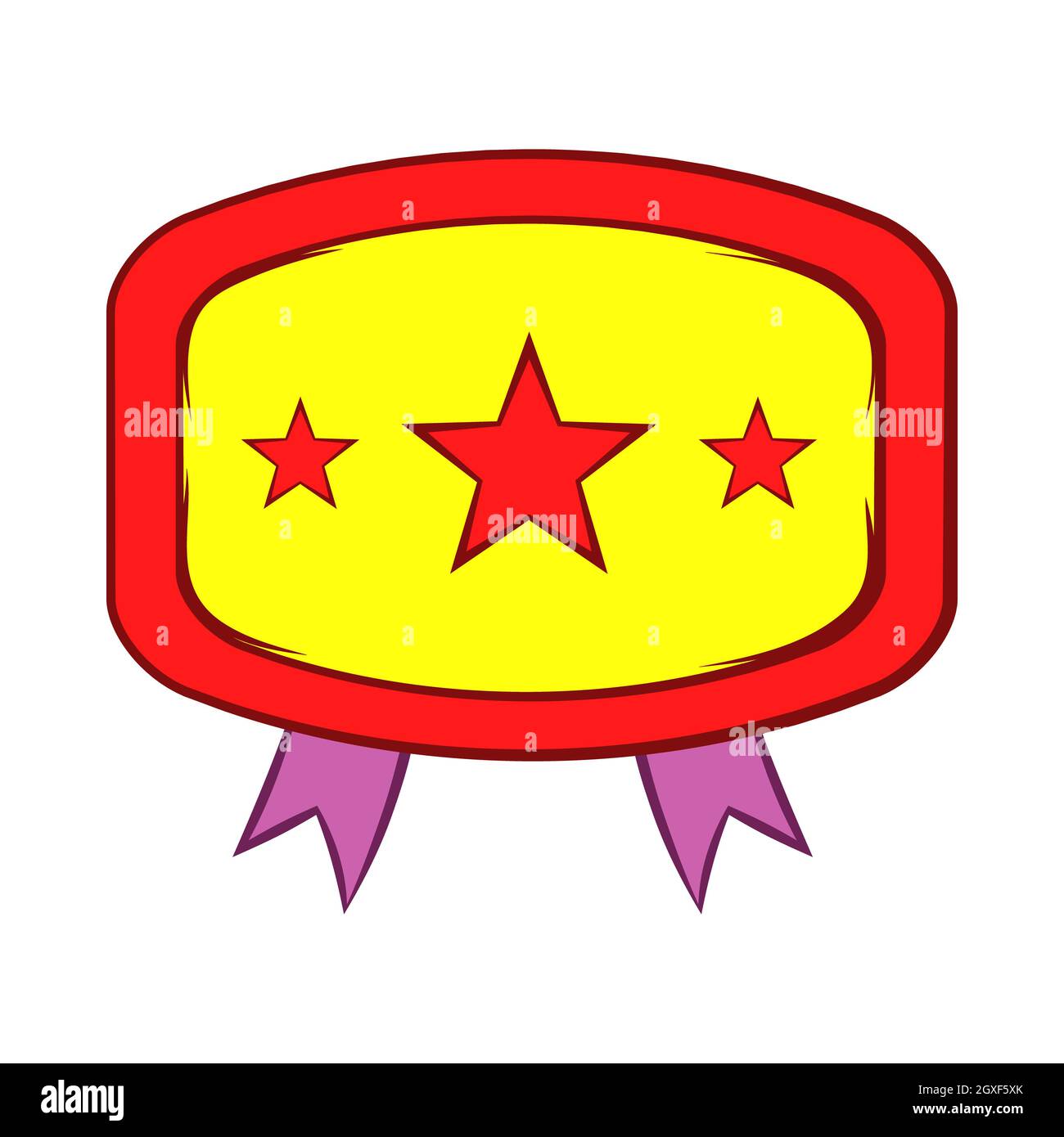 Yellow badge with three stars icon in cartoon style on a white ...