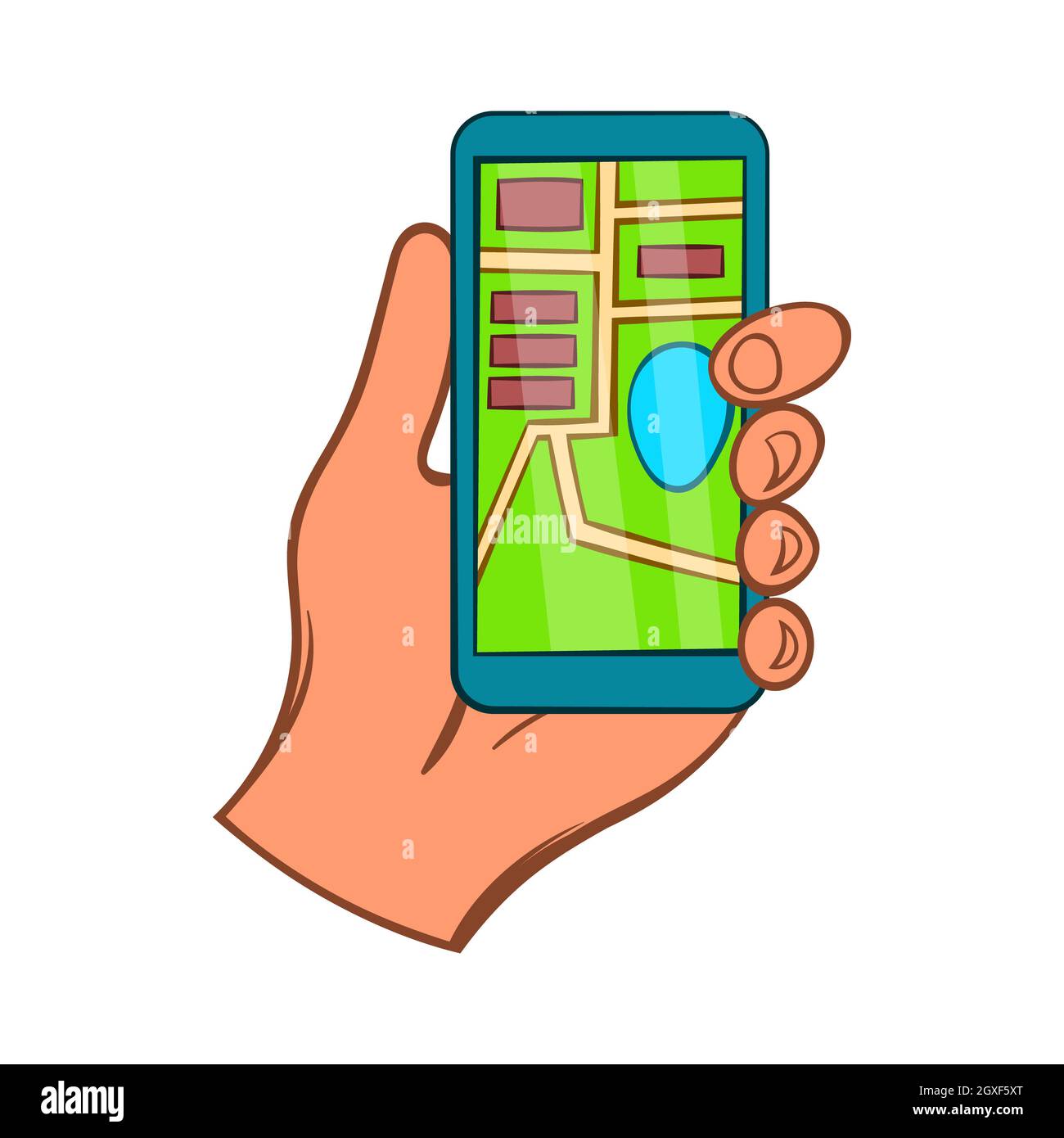 Hand with smartphone GPS navigator icon in cartoon style on a white ...