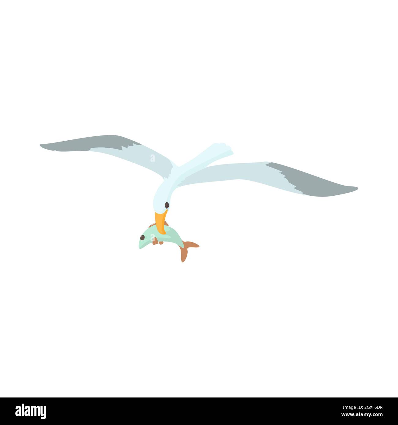 Seagull is carrying a fish in a beak icon in cartoon style on a white ...