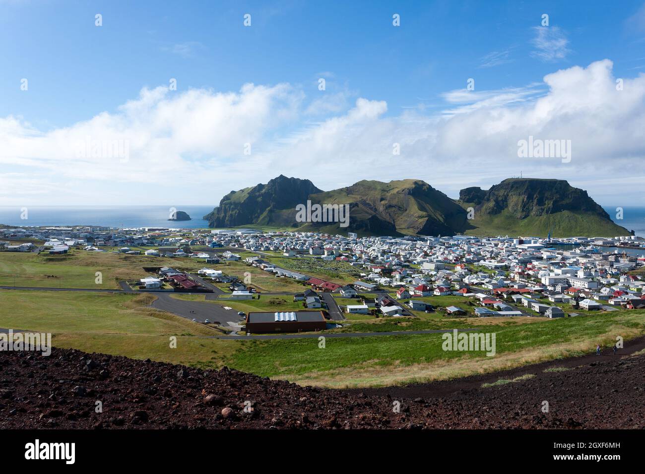 Heimaey town aerial view from Eldfell volcano. Iceland landscape ...