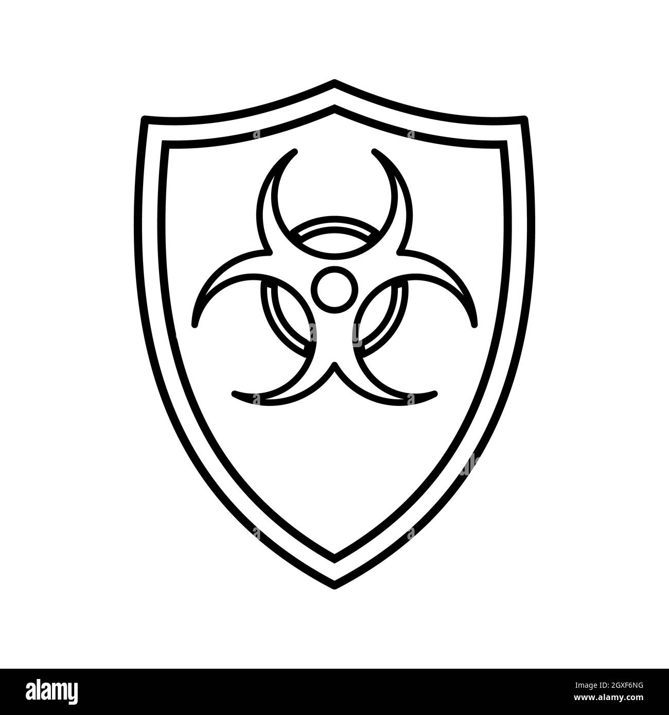 Shield with a biohazard sign icon in outline style isolated on white ...