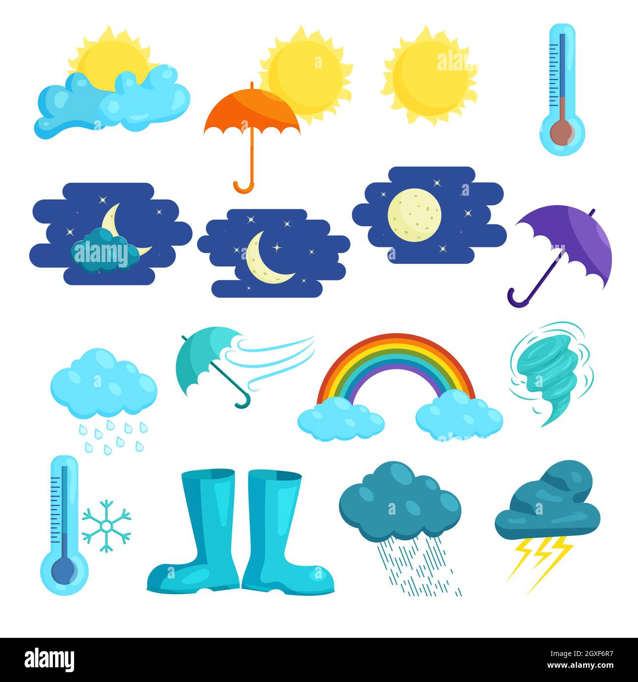 Weather icons set in cartoon style isolated on white background Stock ...