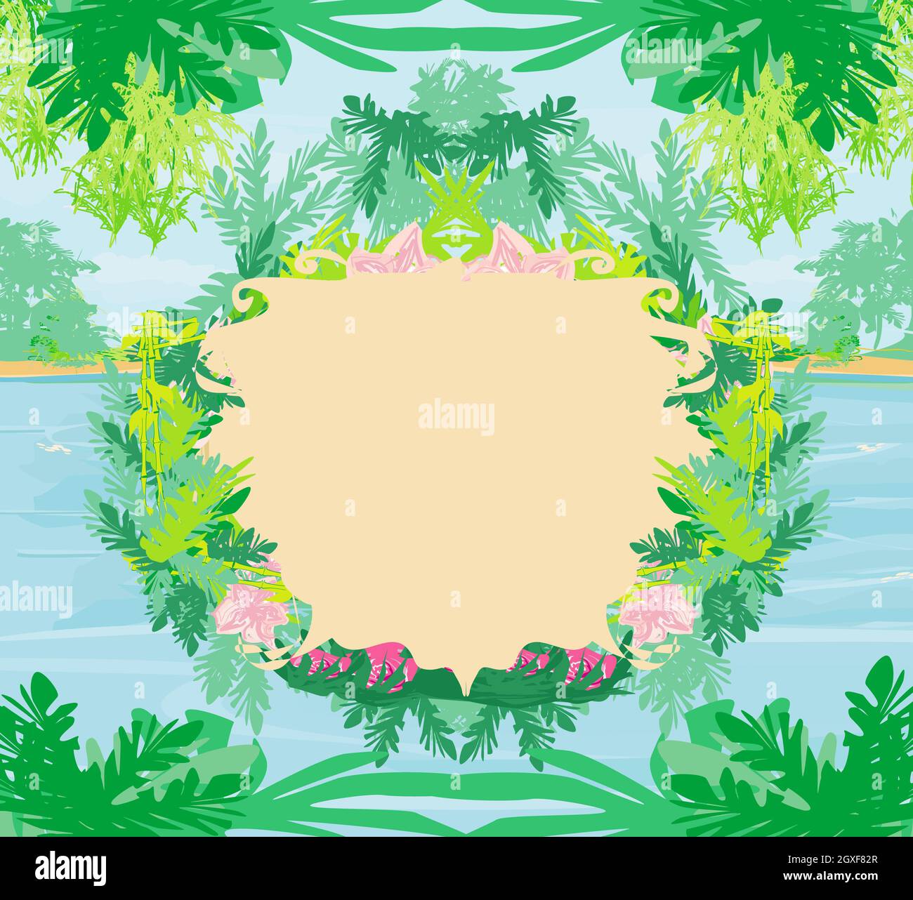 tropical frame - green palms and pink flowers Stock Photo - Alamy