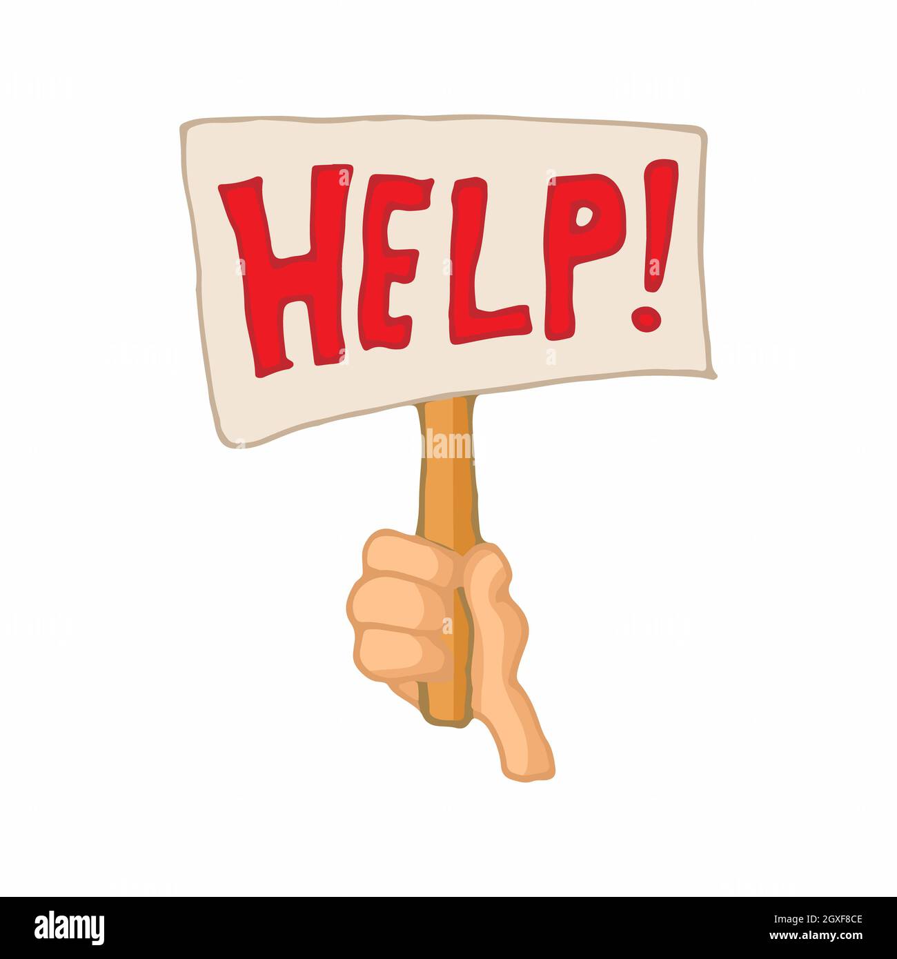 Sign with the word help in a hand icon in cartoon style on a white ...