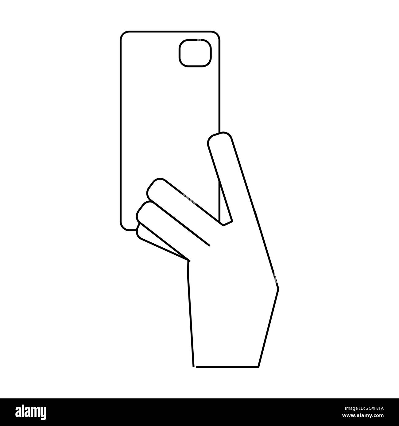 Hand holding phone icon in outline style isolated on white background ...