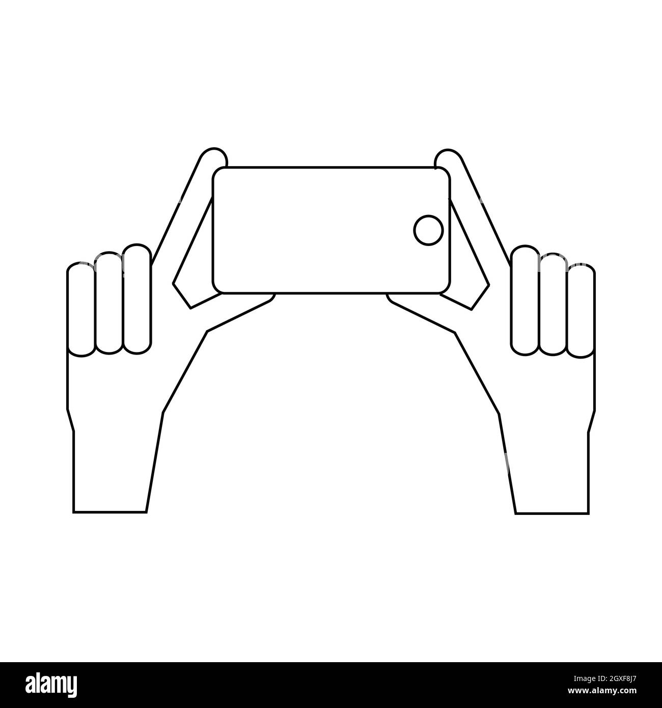 Hands taking pictures on phones icon in outline style isolated on white ...