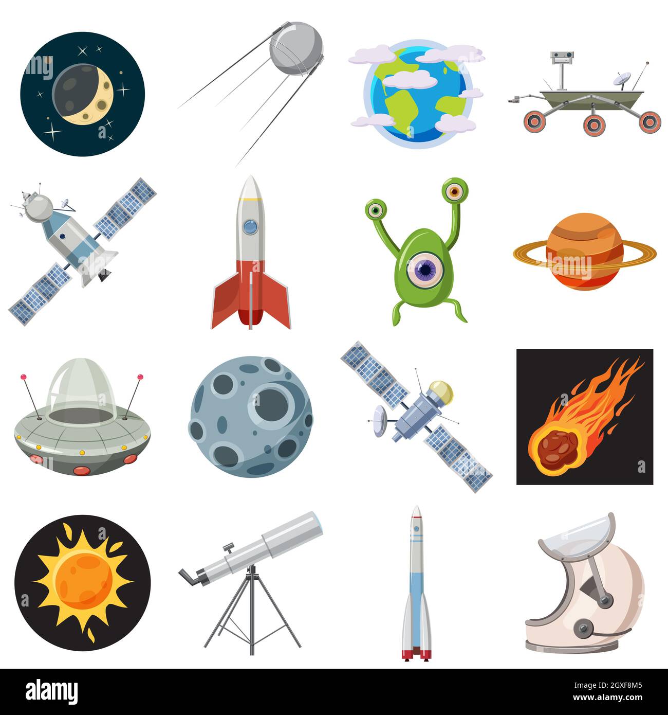 Space icons set in cartoon style isolated on white background Stock ...