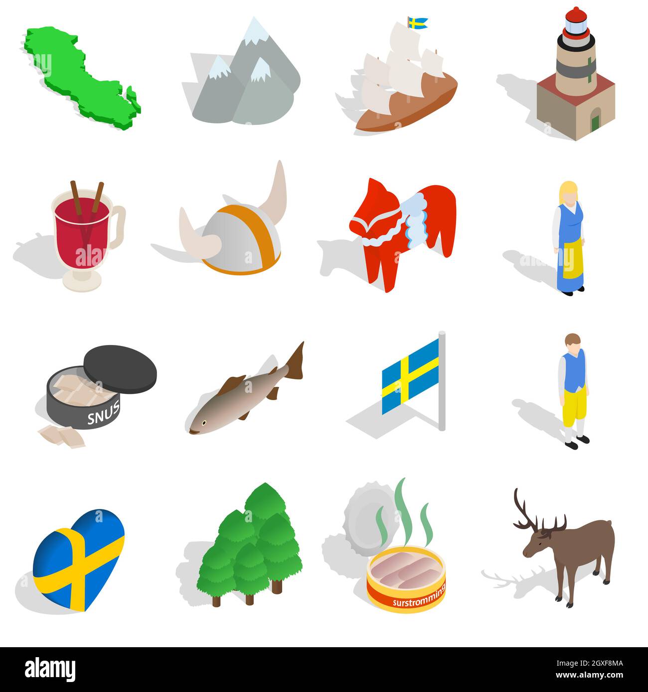 Sweden icons set in isometric 3d style isolated on white background ...