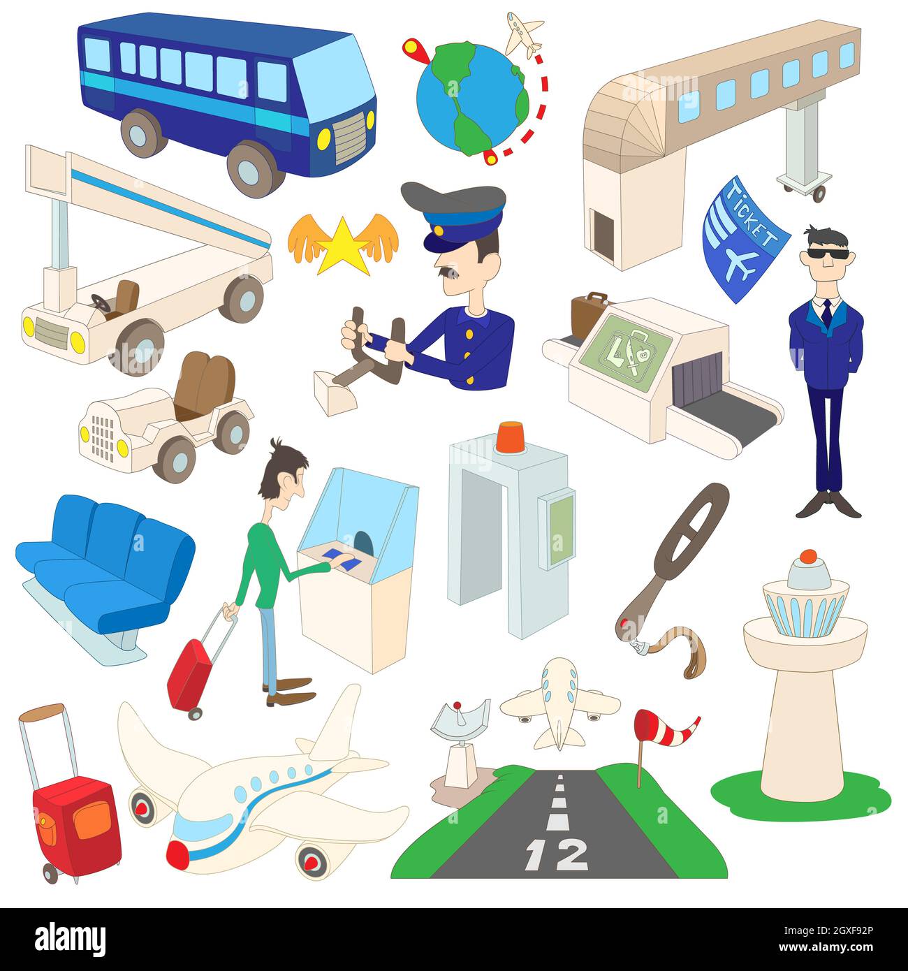 Airport set icons in cartoon style isolated on white background Stock ...