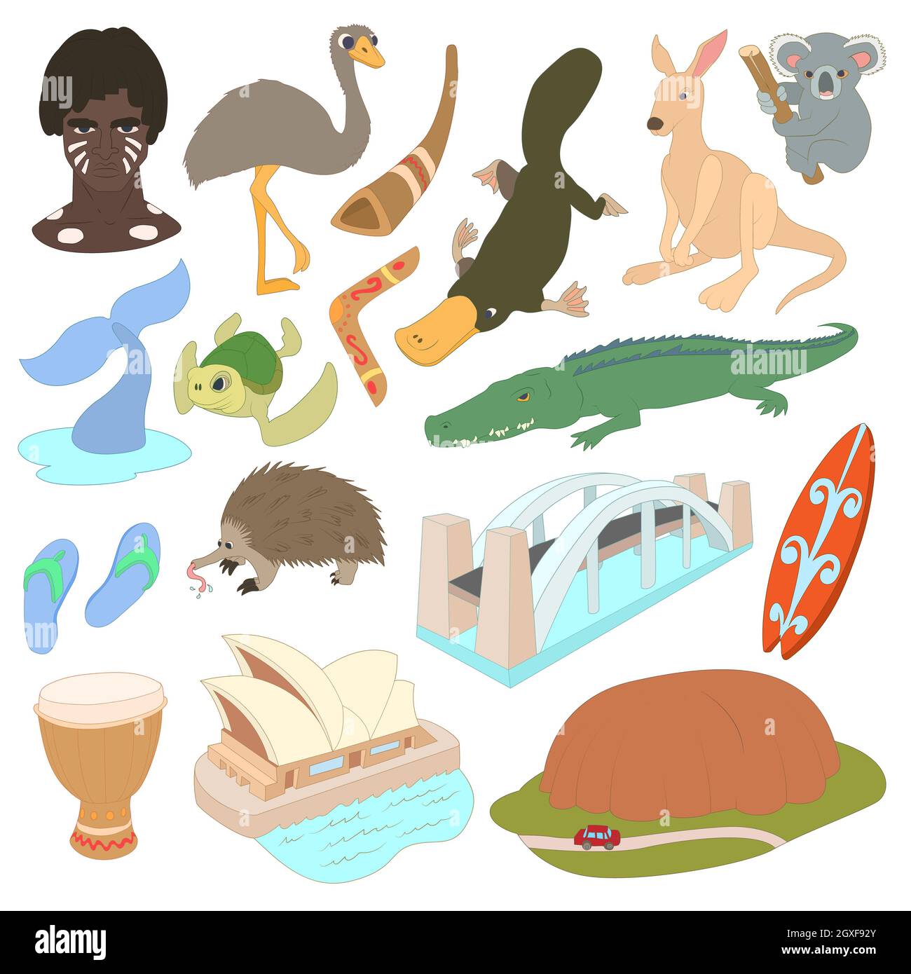 Australia icons set in cartoon style isolated on white background Stock ...