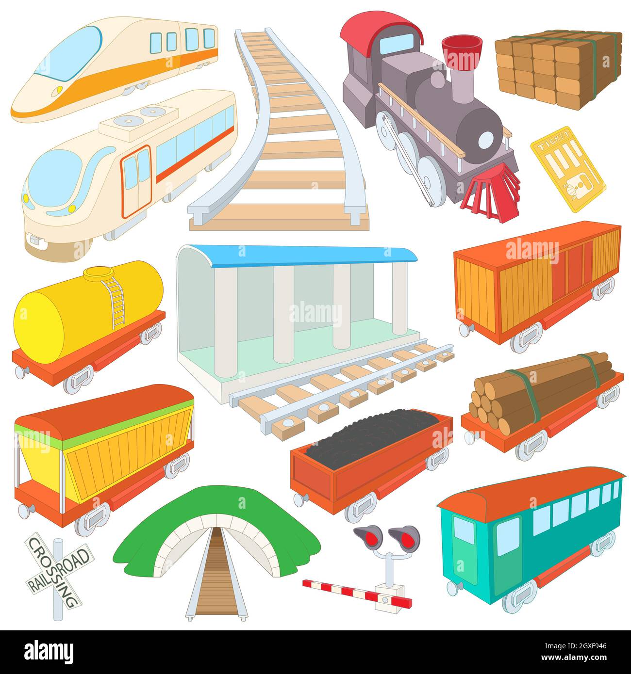 Railway icons set in cartoon style isolated on white background Stock ...