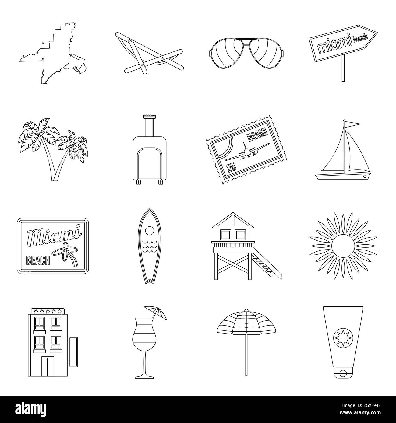 Miami icons set in outline style isolated on white background Stock ...