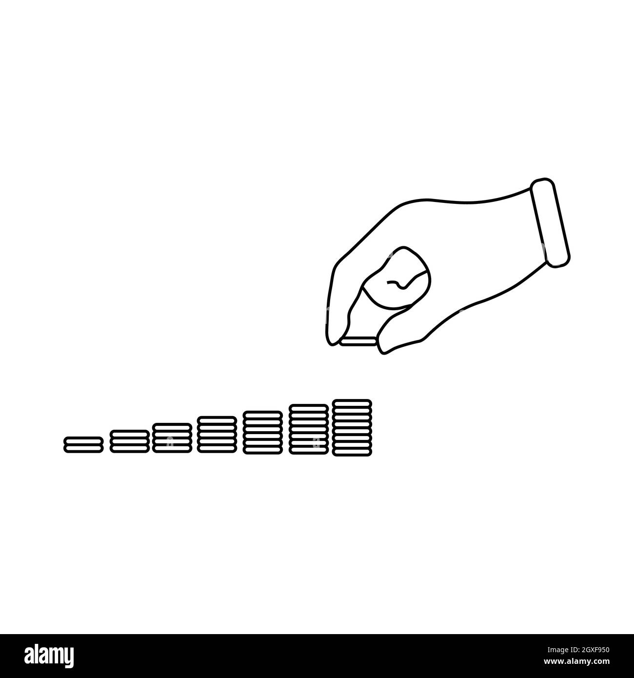 Hand put coins to stack of coins icon in outline style on a white ...