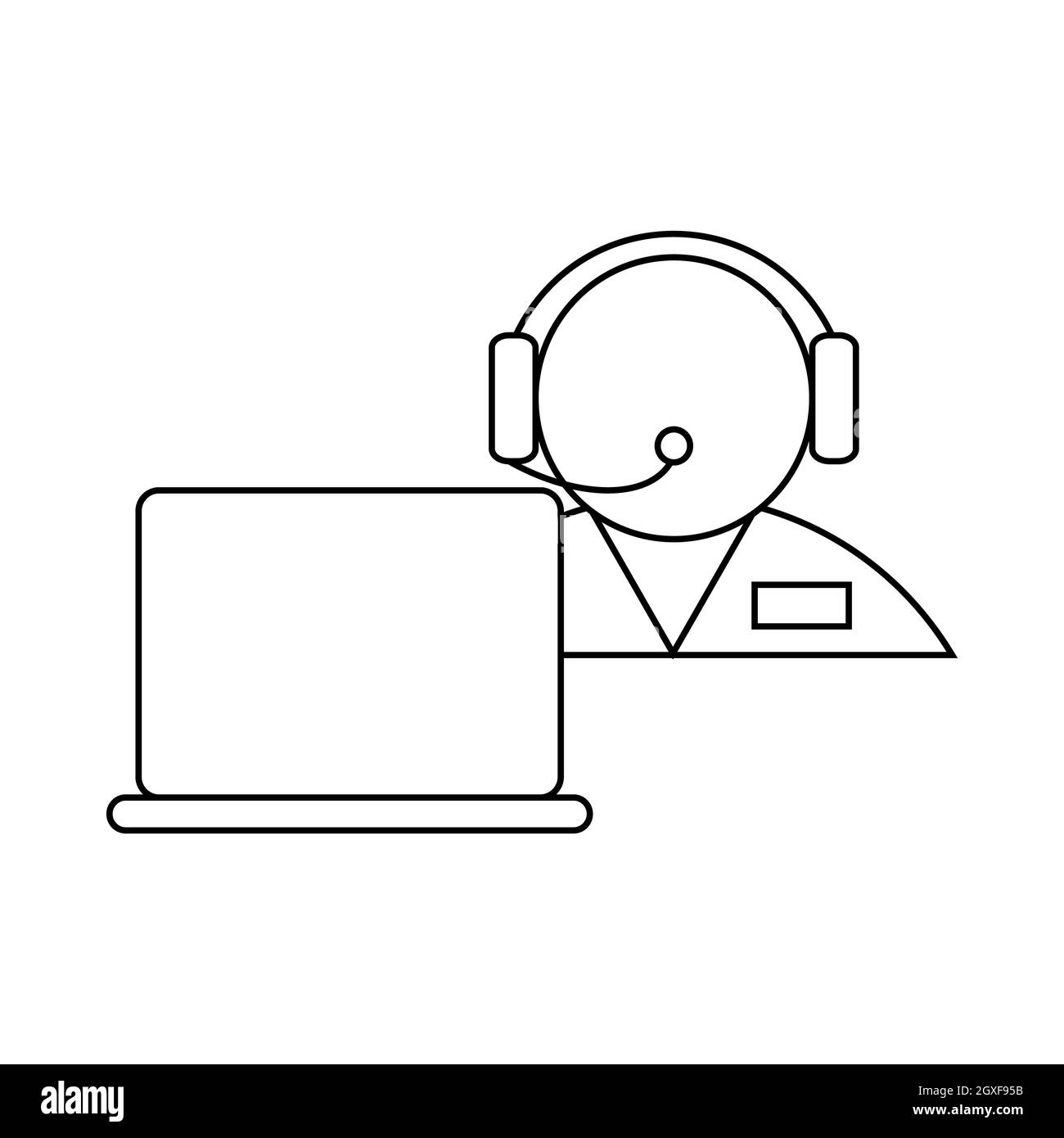 Operator in a headset with laptop icon in outline style on a white ...