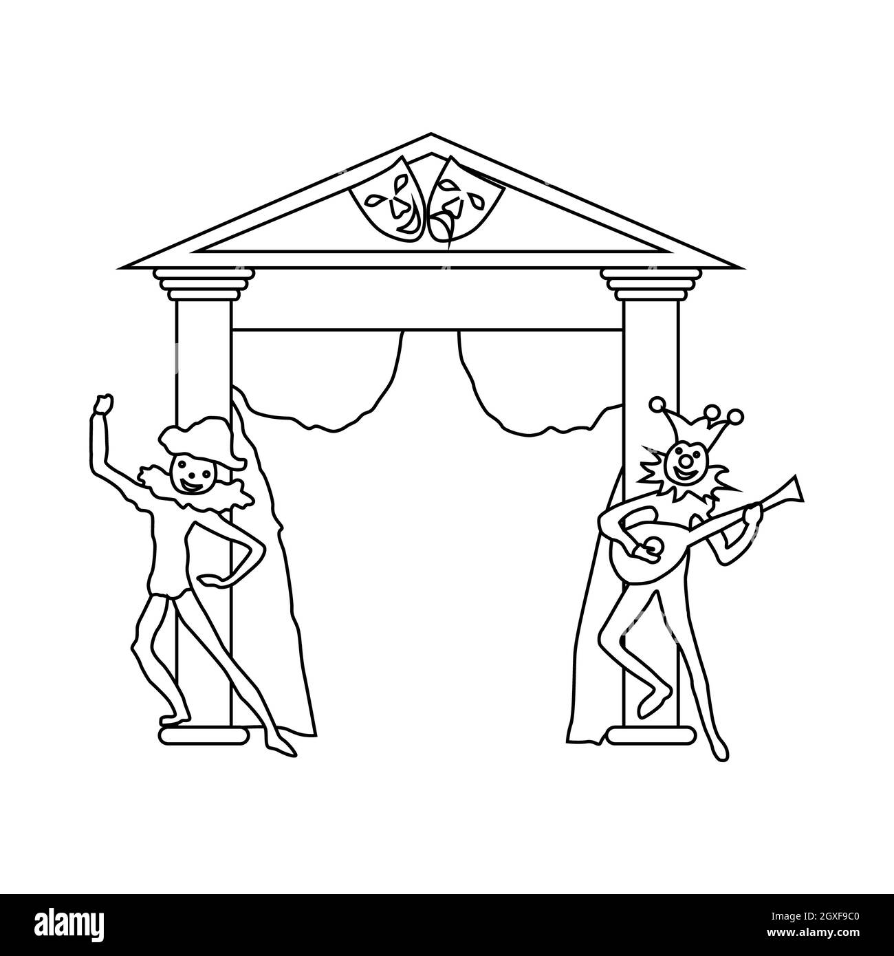 Theater stage with open curtains and two actors icon in outline style ...