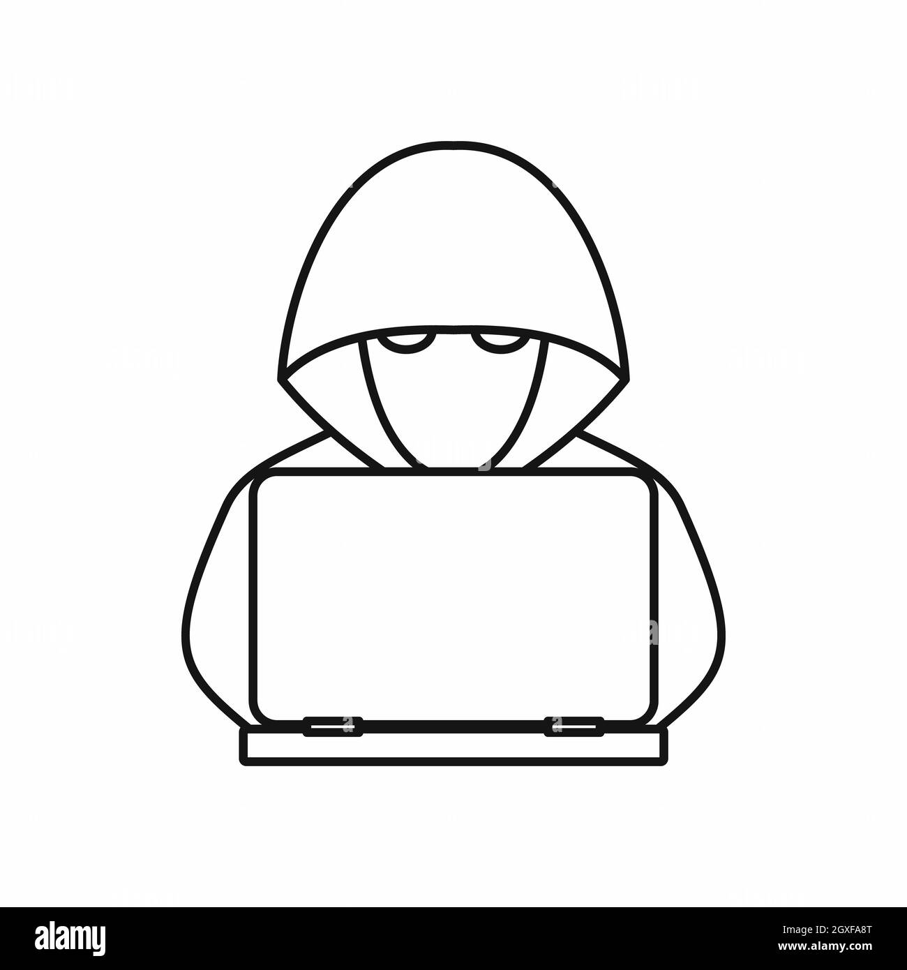 Computer hacker with laptop icon in outline style isolated on white ...
