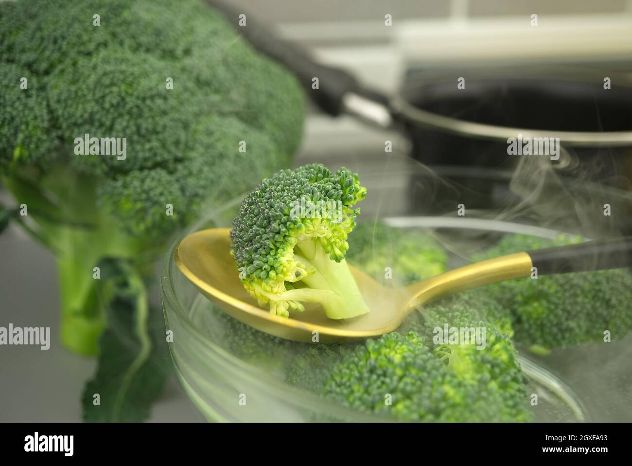 Fresh broccoli on a spoon, preparation for cooking on the kitchen table ...