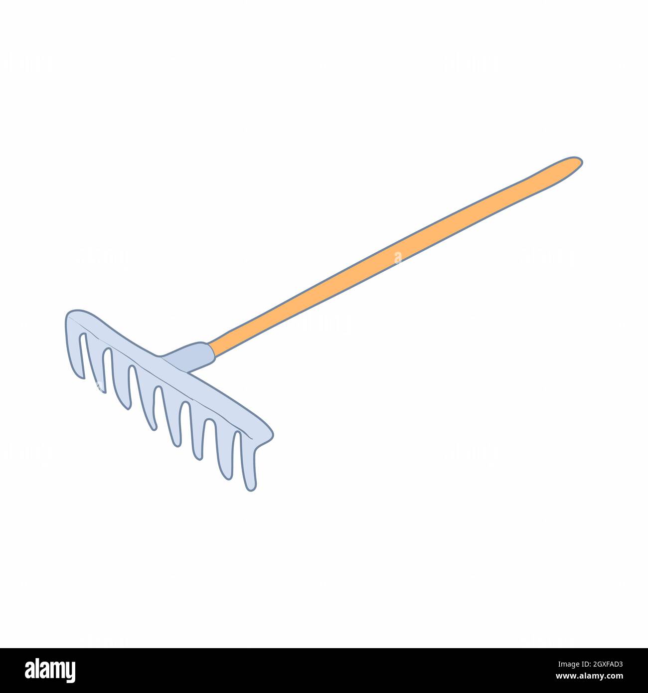Rake with a wooden handle icon in cartoon style on a white background ...