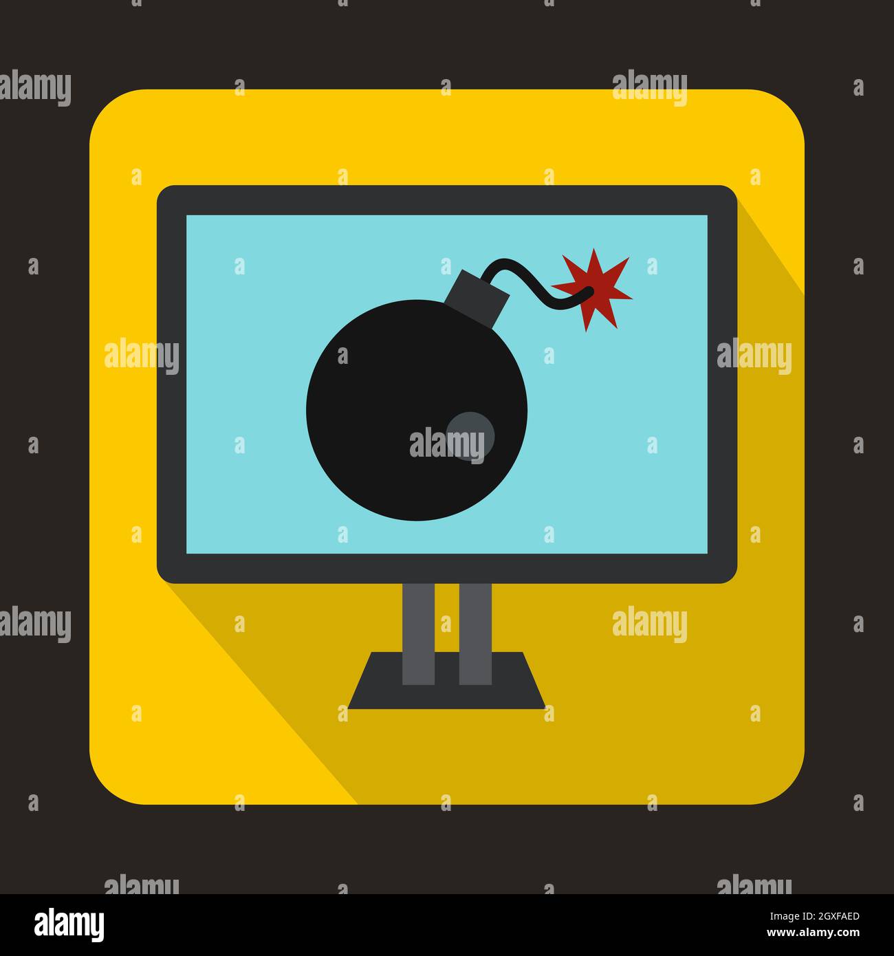 Bomb on computer monitor icon in flat style on a yellow background ...