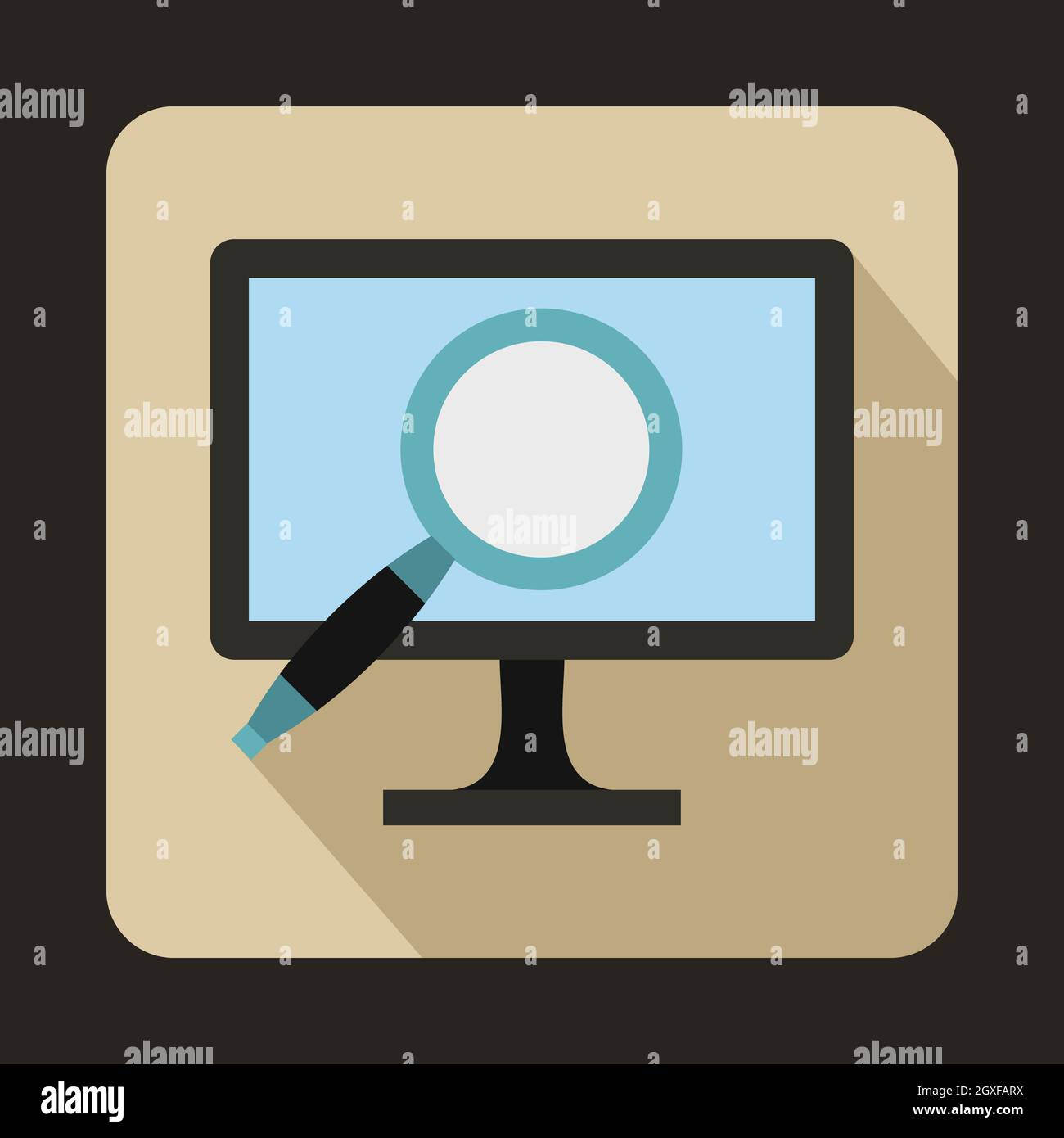 Computer monitor magnifying glass icon in flat style on a beige ...