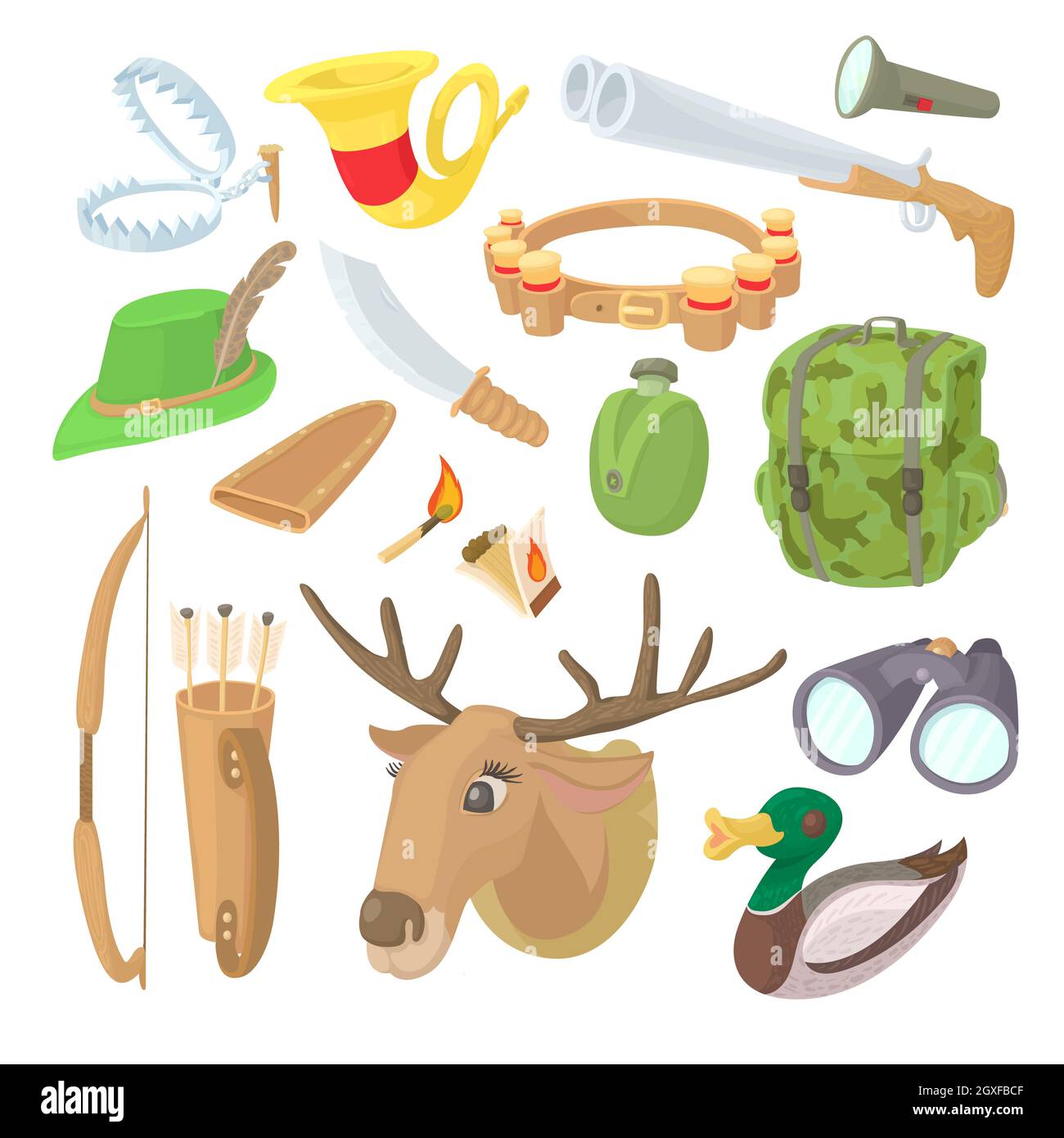 Hunting icons set in cartoon style isolated on white background Stock ...