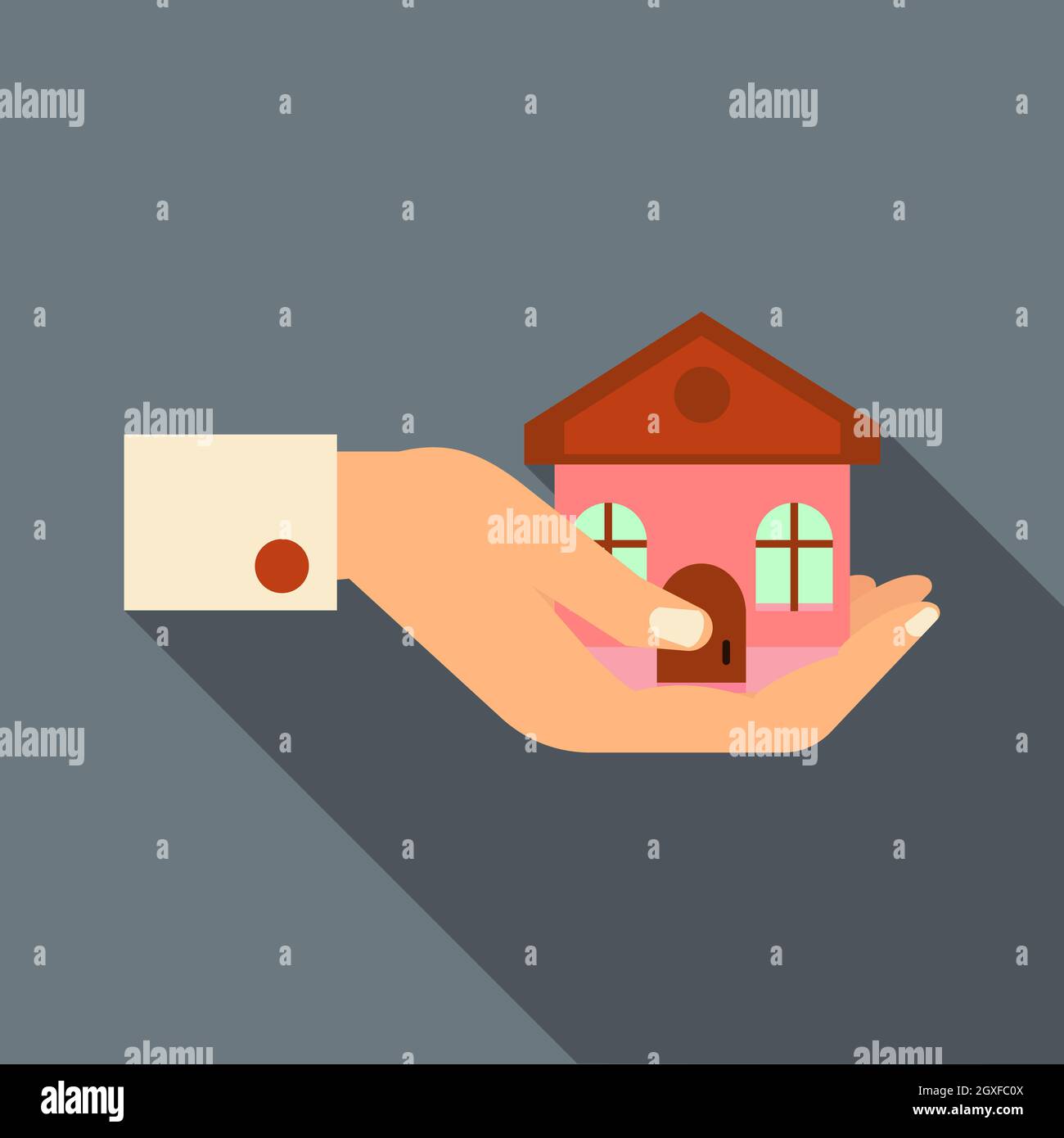 Hand holding house icon in flat style with long shadow. Real estate ...