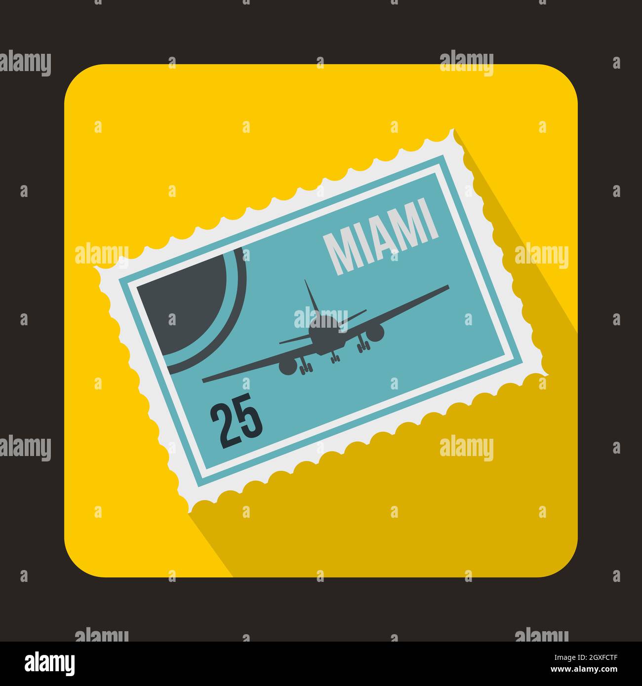 Stamp with plane and text Miami inside icon in flat style on a yellow ...