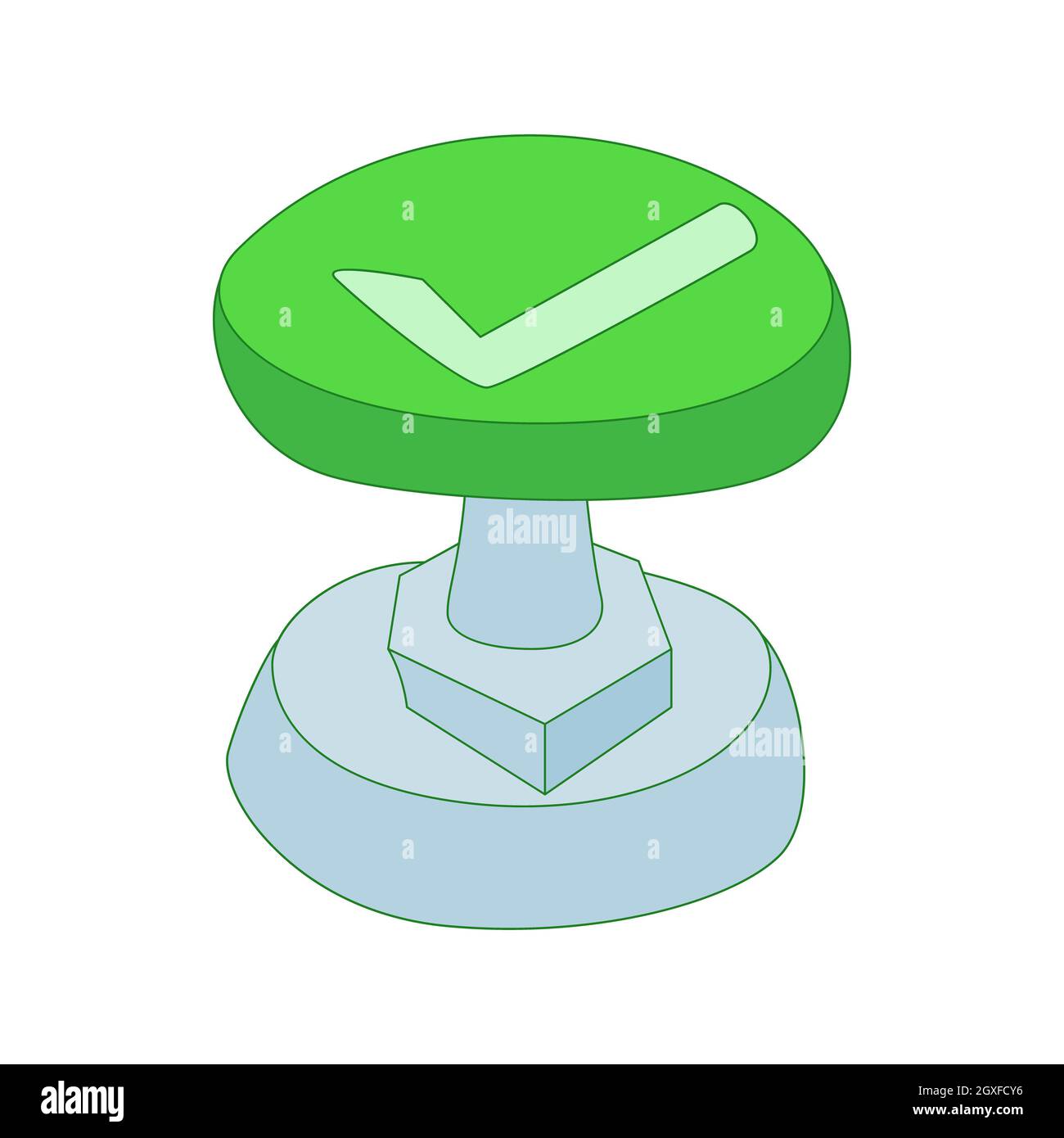 Green button with check mark icon in cartoon style isolated on white ...