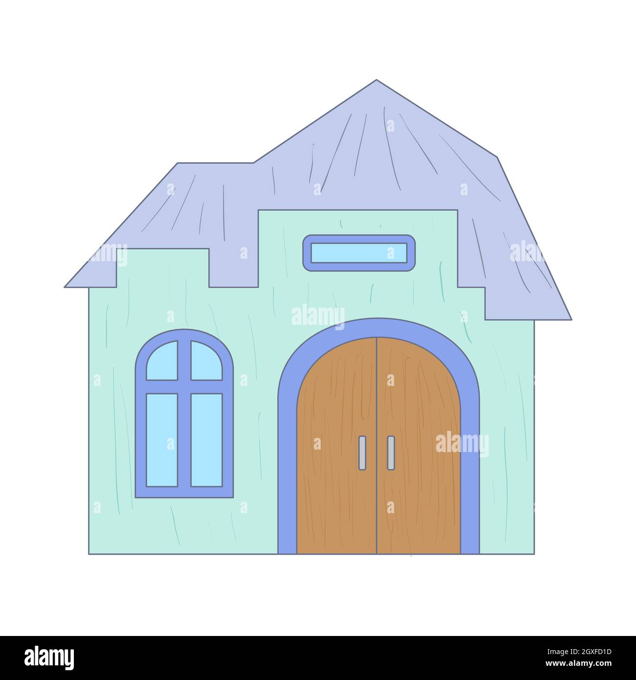 Light blue cottage with an arched door icon in cartoon style on a white ...