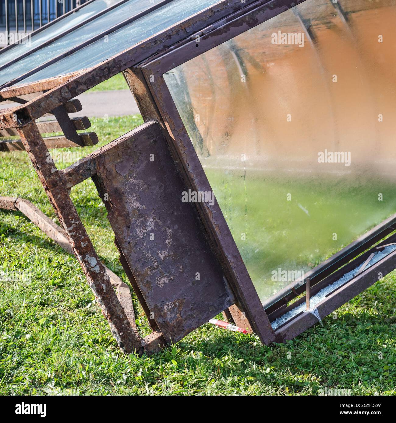A public transport stop dumped on the ground, vandalism and damage to ...