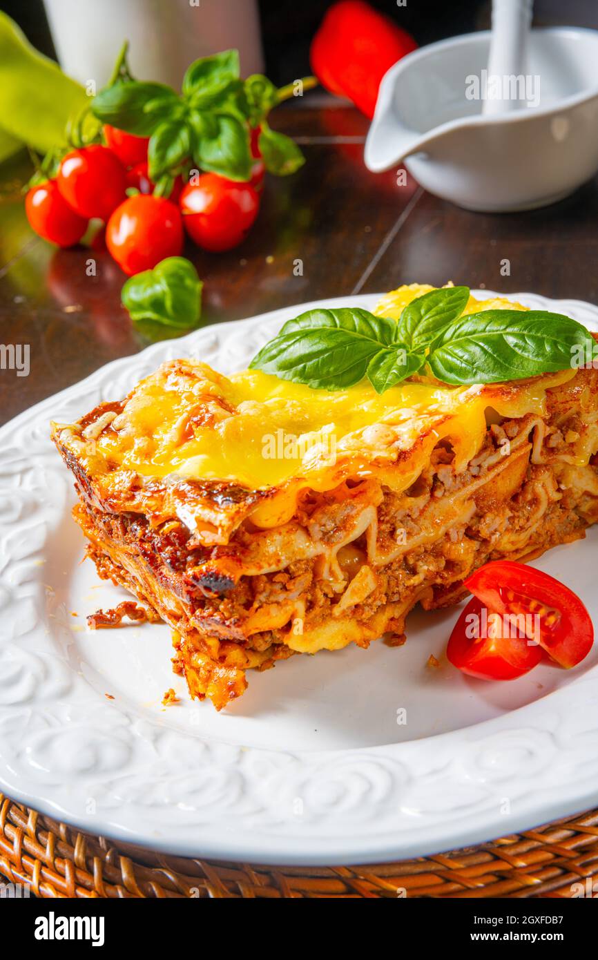 Delicious lasagne with Bolognese and bechamel sauce Stock Photo - Alamy