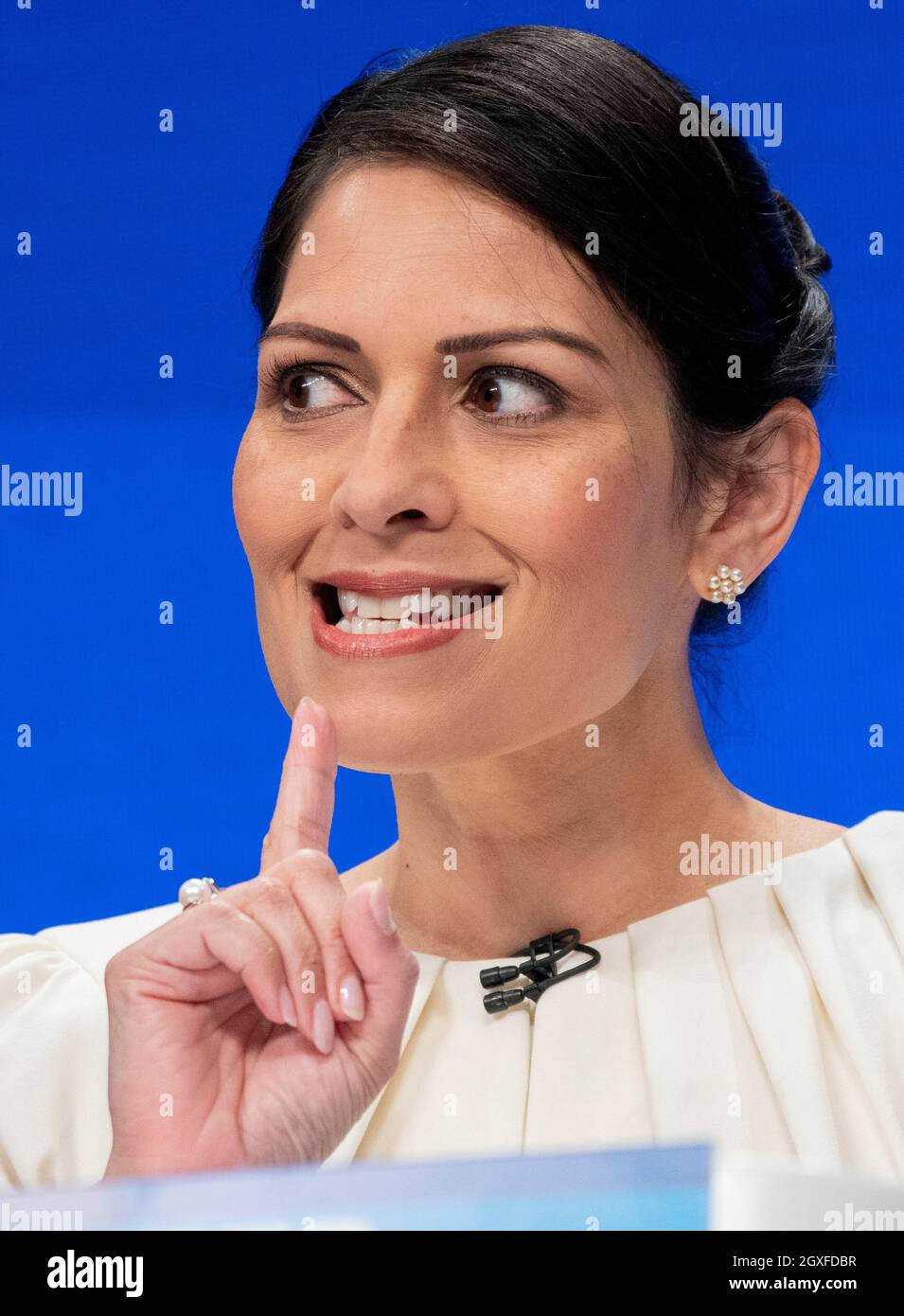 Manchester, UK. 5 October 2021. UK Home Secretary Priti Patel gives her ...