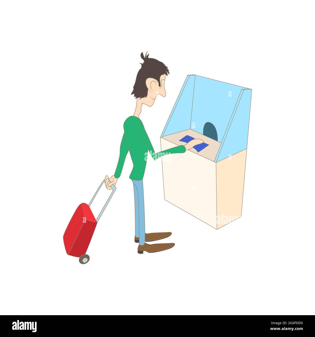 Man buys a ticket in the ticket office icon in cartoon style on a white ...