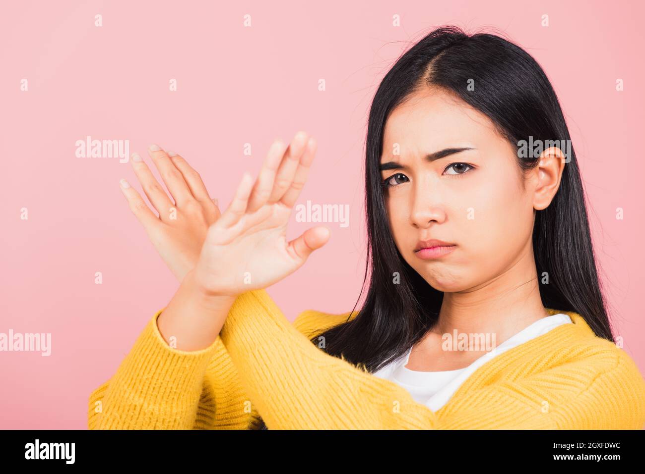 Portrait Asian beautiful young woman unhappy or confident standing wear ...