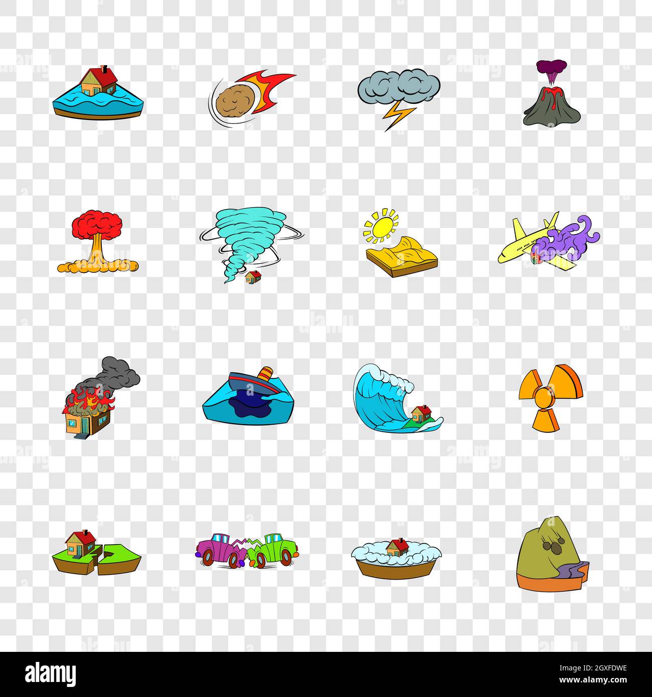 Natural disaster icons set in pop-art style with transparency for ...