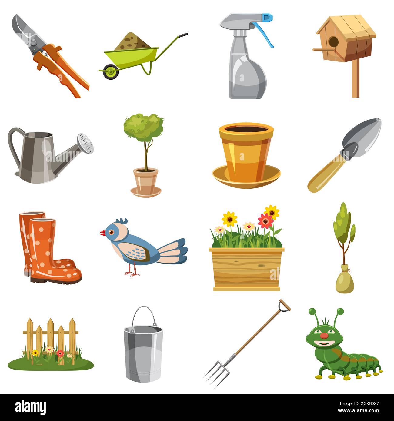 Garden icons set in cartoon style isolated on white background Stock ...