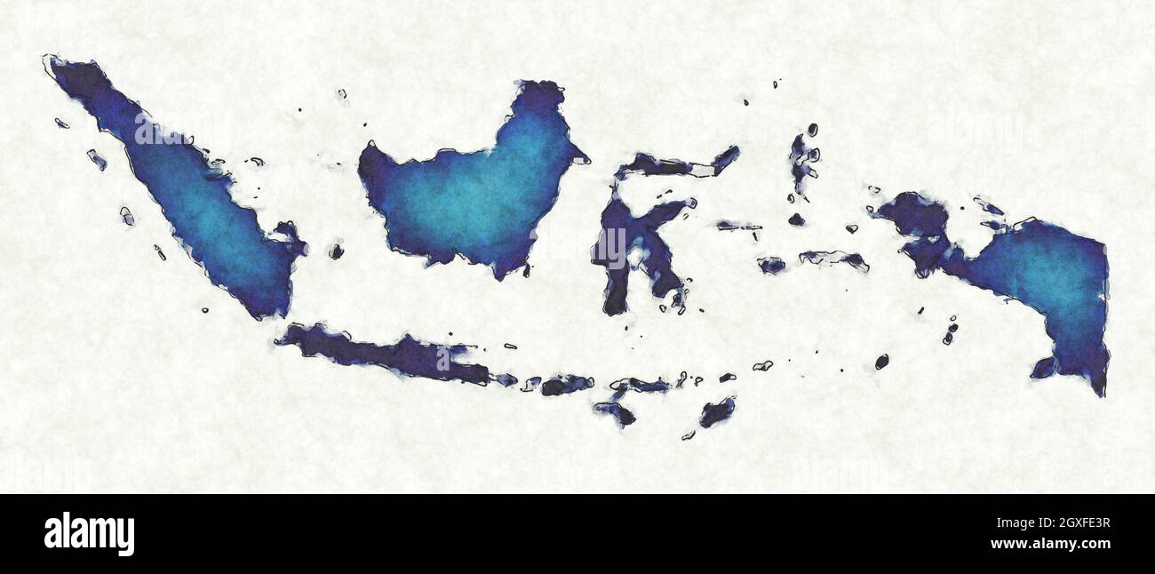 Indonesia map with drawn lines and blue watercolor illustration Stock ...