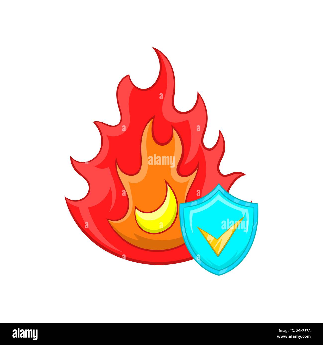 Fire and sky blue shield with tick icon in cartoon style on a white ...