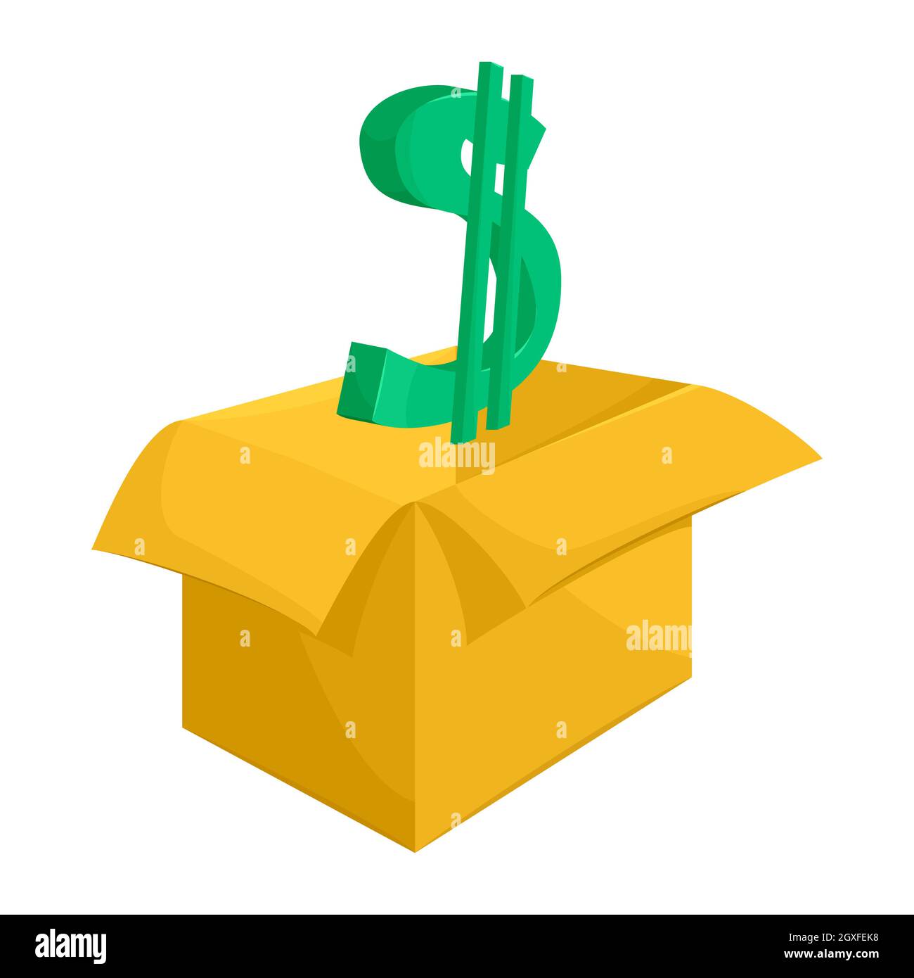 Cardboard box with green dollar sign icon in cartoon style on a white ...