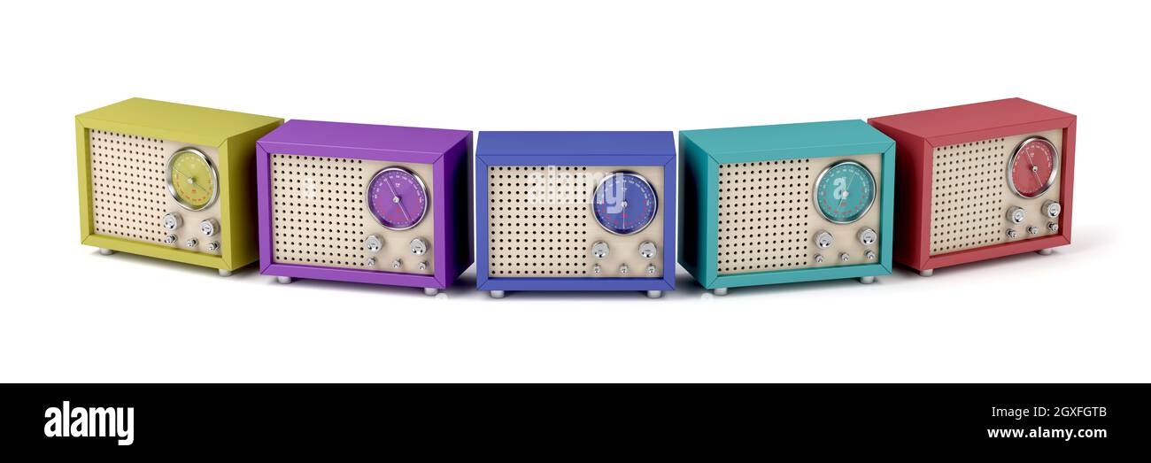 Colorful retro radios on white background Stock Photo - Alamy