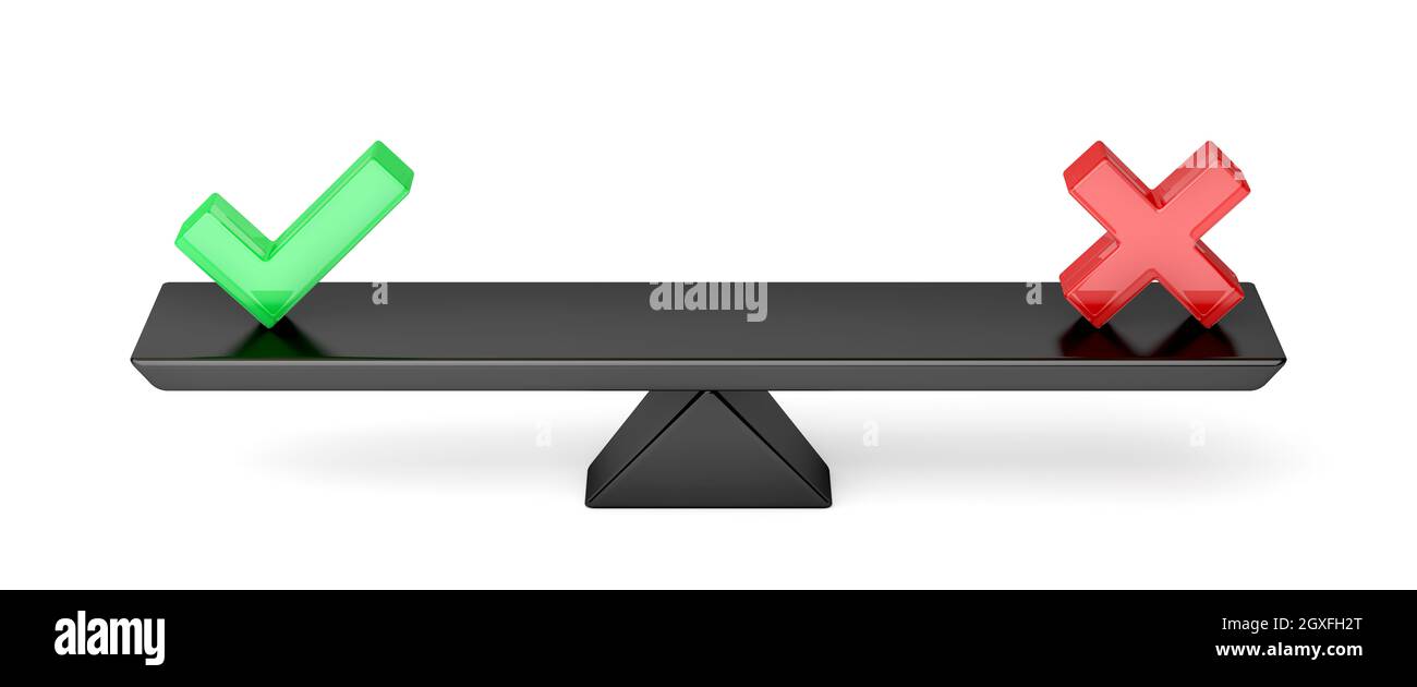 Positive and negative check marks on seesaw Stock Photo - Alamy